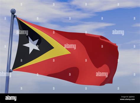 A 3D Rendering Of The Waving Flag Of Timor Leste With The Flagpole In