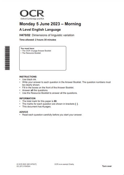 OCR English Language A Level Question Paper Dimensions Of Linguistic Variation June