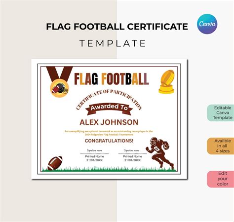 Flag Football Certificate Editable Canva Participation Achievement A4