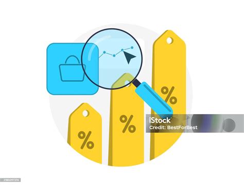 전자 상거래에 대한 쇼핑 통찰력 할인 분석 가격 동향 백분율 기호가 있는 가격표 위에 돋보기를 사용하면 판매 및 데이터 기반 구매 결정을 강조 표시합니다 벡터 일러스트 레이