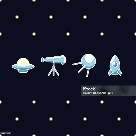비행 접시 천체 망원경 우주 위성 및 우주 로켓 벡터 일러스트 레이 션은 진한 파란색 배경에 고립 코스모스 벡터 아이콘 계획에 대한 스톡 벡터 아트 및 기타 이미지 Istock