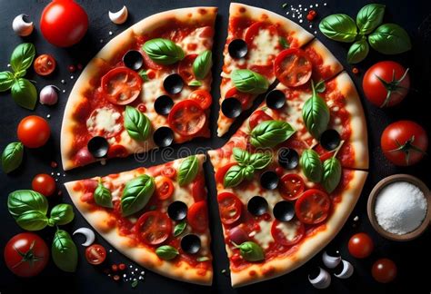 Tasty Pepperoni Pizza And Cooking Ingredients Tomatoes Basil Stock