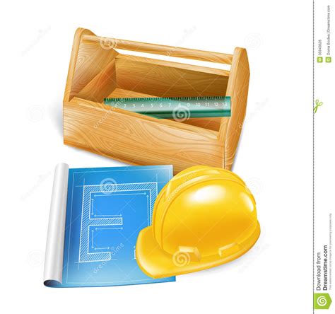 Wooden Tool Box With Hard Hat Construction Sketch And Ruler Iso Stock