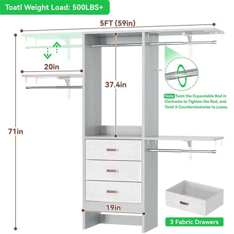 5ft Small Closet System With 3 Fabric Drawers Unikito
