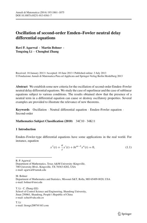 Pdf Oscillation Of Second Order Emdenfowler Neutral Delay