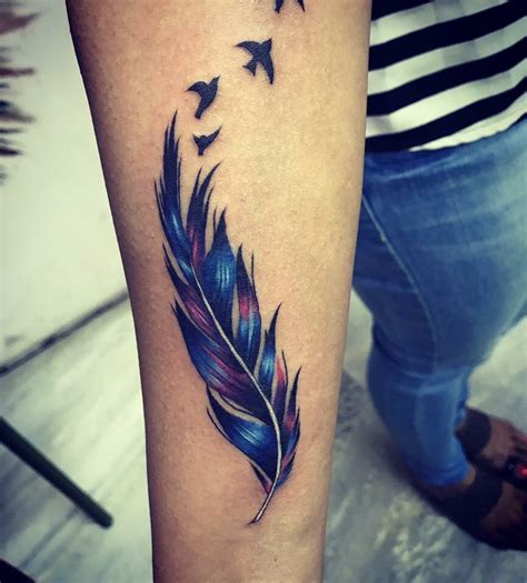 Colored Feather With Birds Tattoo