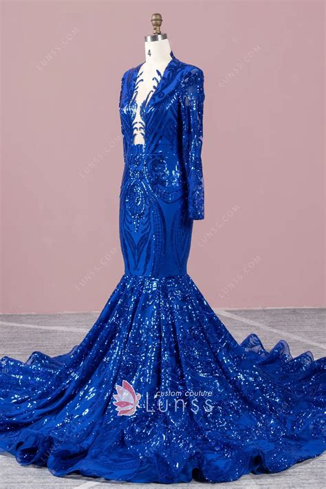 Iridescent Royal Blue Sequin Plunging Neck Prom Dress Lunss