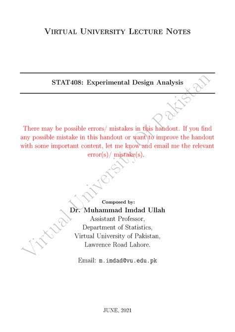 Stat408 Experimental Design Analysis Handout Virtual University Of
