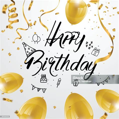 행복 한 생일 인사말 카드 버전 일러스트 레이 션 골든 색종이 디자인과 골드 풍선 공연에 대한 스톡 벡터 아트 및 기타 이미지
