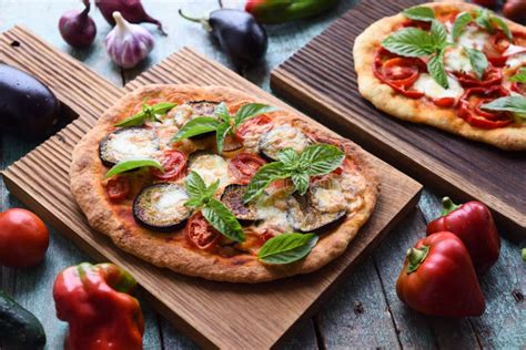 Vegetarian Meal Homemade Pizzas With Aubergines Bell Peppers Stock