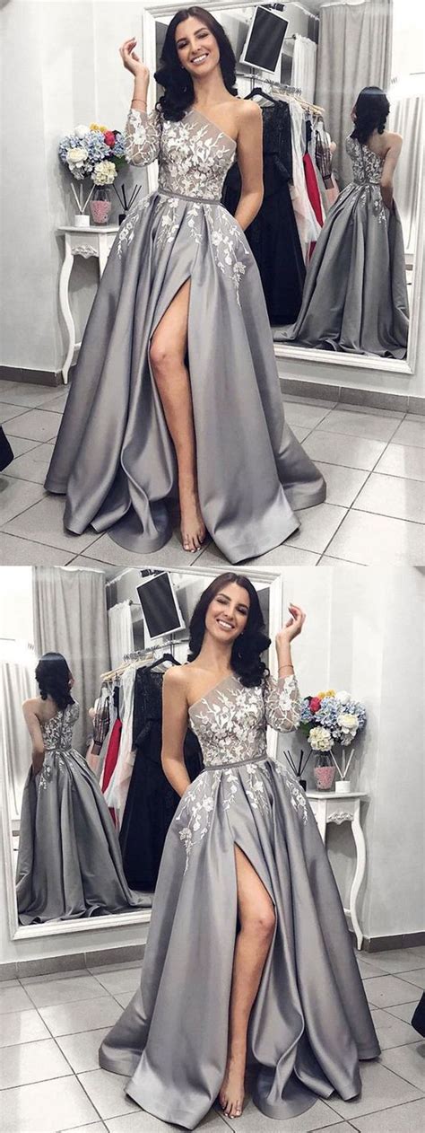 Ball Gown One Shoulder Long Sleeves Grey Satin Split White Lace Long