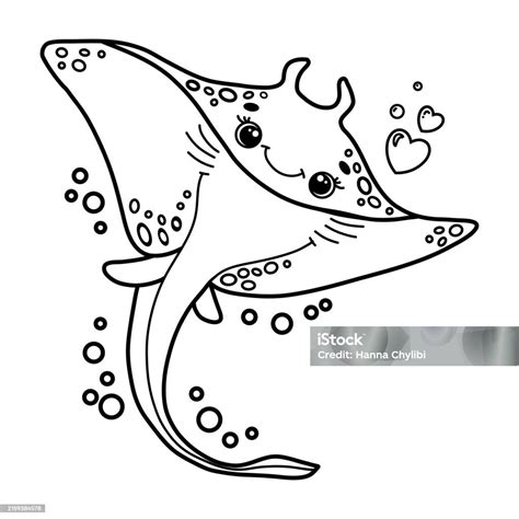 거품과 함께 웃는 귀여운 만화 가오리 흑인과 백인 윤곽선 벡터 일러스트 레이 션 어린이 색칠 공부 페이지 책 색칠하기에 대한 스톡 벡터 아트 및 기타 이미지 Istock