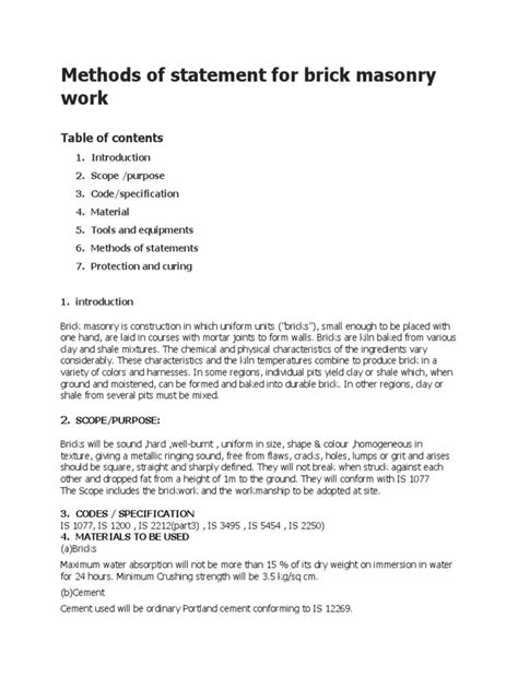 Work Method Statement For Brick Pdf Brick Masonry