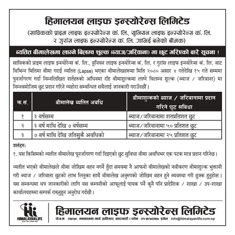 हिमालयन लाइफले व्यतित बीमालेखमा लाग्ने बिलम्ब शुल्कमा शतप्रतिशत छुट