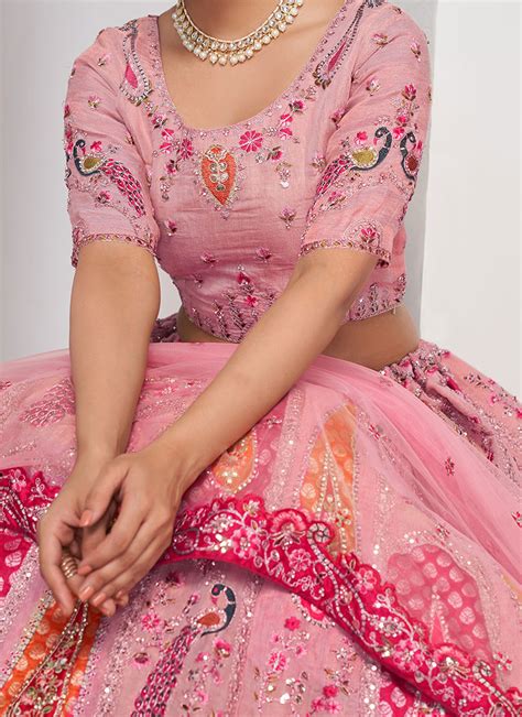 Buy Diwali Pink Silk Zari A Line Lehenga Embossed With Embroidery And Sequins Wedding Wear