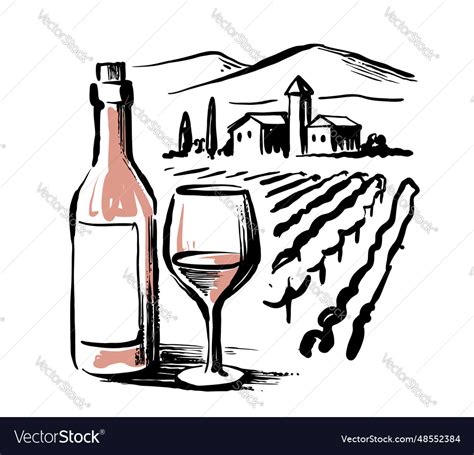 Wine Bottle With Glass Vineyard Landscape Hand Vector Image