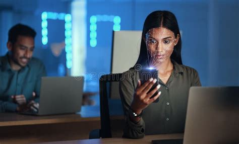Woman Phone With Facial Recognition And Futuristic Biometric