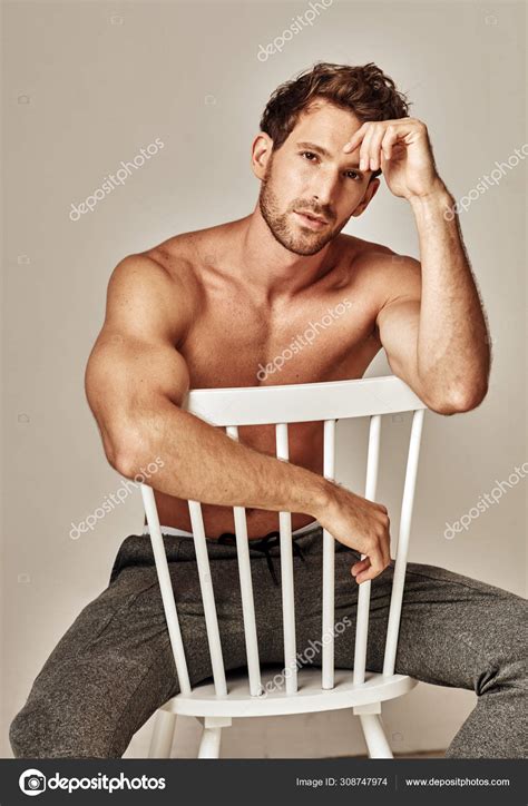Shirtless Fit Man Posing Sitting Chair Stock Photo Kiuikson