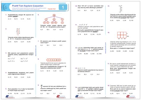 8 Sınıf Pozitif Tam Sayıların Çarpanları Yaprak Test 1