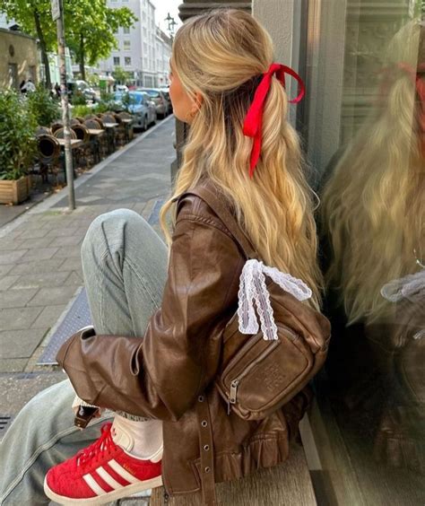 Red Ribbon Bow Hairstyle With Red Sambas And Brown Leather Jacket Fall