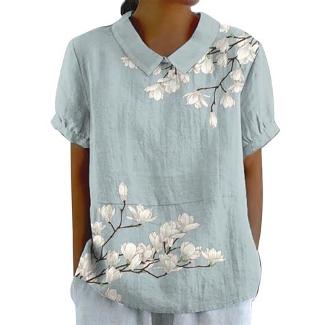 Kbzdbzc Tshirts Shirts For Women Womens Linen Lapel Art Floral Round