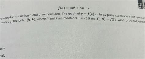 Solved Fxax24xc Ven Quadratic Function A And C Are Constants The Graph Of Yfx In The