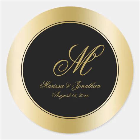 Elegant Gold Monogram Script Black Wedding Classic Round Sticker Zazzle