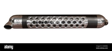 A Chrome Exhaust Pipe With Perforations Isolated On A White Background Showing Sleek And