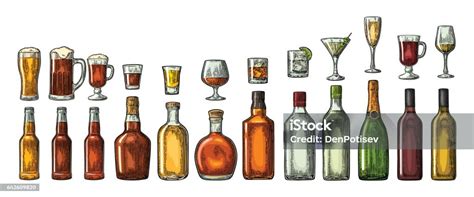 유리 및 병 맥주 위스키 와인 진 럼 데 킬 라 코냑 샴페인 칵테일 들어간다를 설정 합니다 술 마실 것에 대한 스톡 벡터 아트