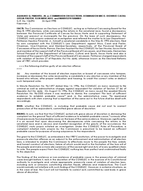 Aquilino Pimentel Jr Vs Comelec Et Al Pdf Probable Cause