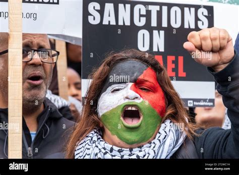 Mujer Con Pintura De La Cara De La Bandera Palestina En Una Protesta De