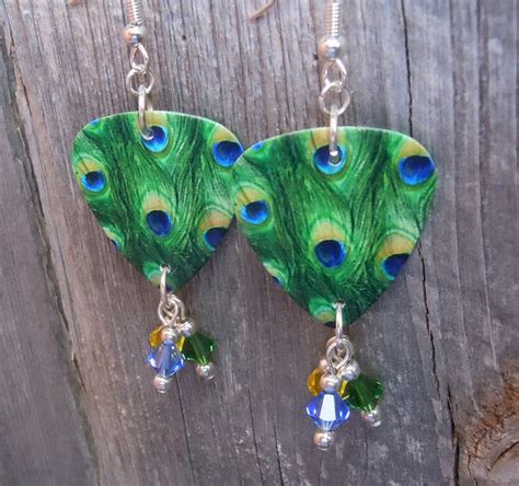 Peacock Guitar Pick Earrings With Swarovski Crystal Dangles Simplyraevyn