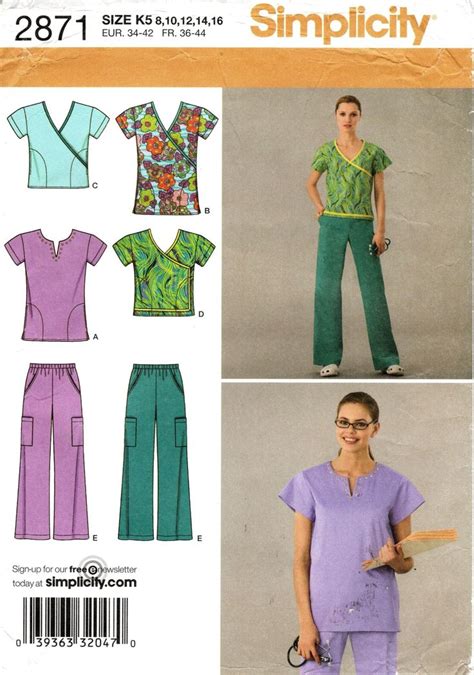 A Woman In Scrubs And Top Sewing Pattern With The Words Simplicity On It