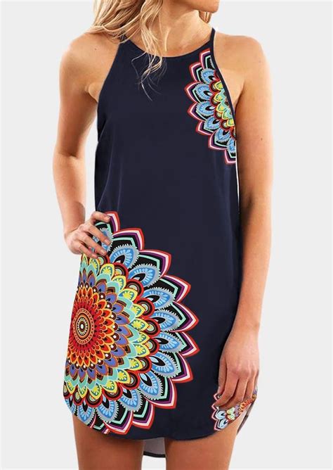 Mandala Halter Sleeveless Mini Dress Navy Blue Sun Dress Casual