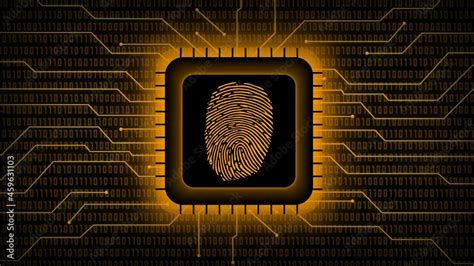 Fingerprint Logo On Chip Sensor Abstract Background In Orange Of Blurred Binary Code Behind