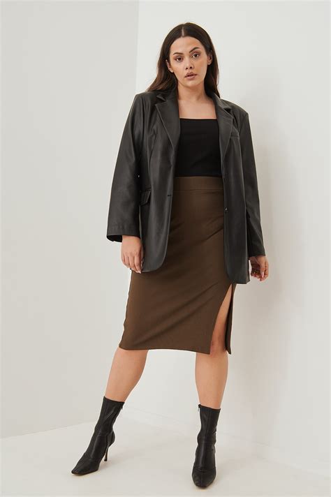 Ribbed Slit Midi Skirt Brown Na