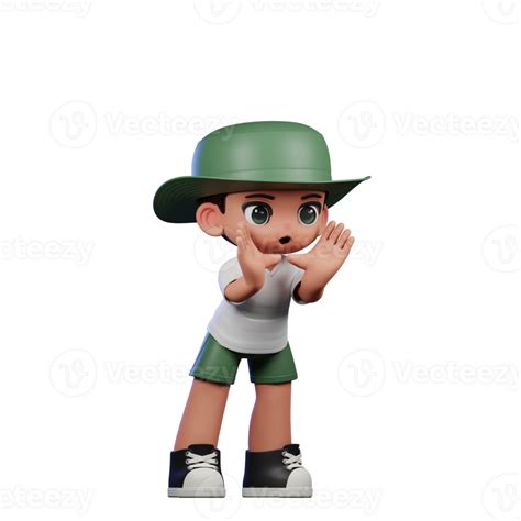 3d Cartoon Character In A Green Hat And White Shirt Shouting Pose