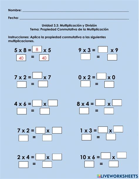 Propiedad Conmutativa De La Multiplicación Online Exercise Propiedad