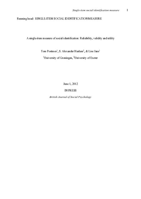 Pdf A Single Item Measure Of Social Identification Reliability Validity And Utility
