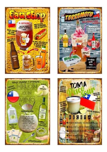 4 Carteles Metalicos Pack 3 Tragos Chilenos Tipicos 30x20 Cuotas Sin