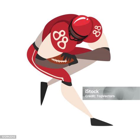美國足球運動員與球運行男性運動員角色在紅色運動制服向量插圖向量圖形及更多人圖片 人 力量 動作 Istock