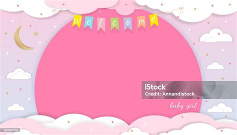 핑크 배경에 아기 소녀 샤워 카드 종이 아트 추상 종이 접기 구름 초승달과 핑크 하늘에 별 벡터 일러스트 귀여운 종이 여자의 사진에 대한 복사 공간 잘라 0명에 대한 스톡