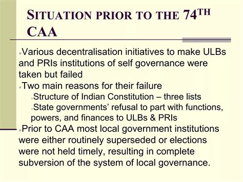 Implementation Of 74th Constitutional Amendment Act 1992 India Ppt