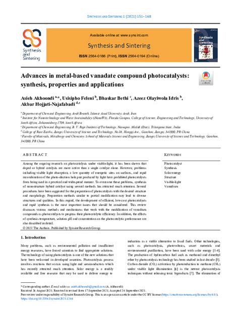 Pdf Advances In Metal Based Vanadate Compound Photocatalysts Synthesis Properties And