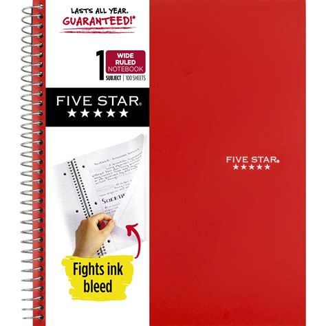 Five Star Wide Ruled Spiral Notebook 1 Subject 100 Sheets Assorted