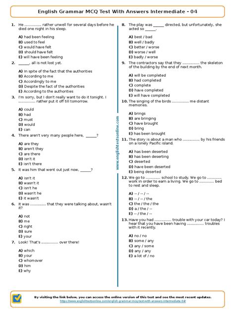 631 English Grammar Mcq Test With Answers Intermediate 04 Pdf