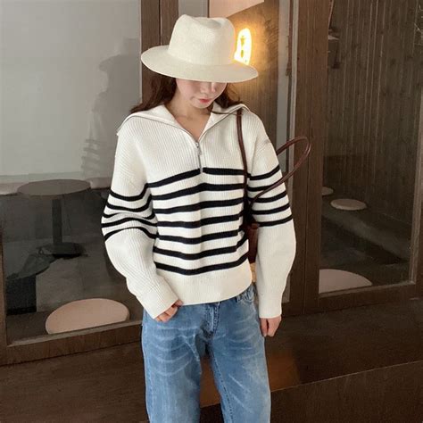 Soft Comfy Colour Block Stripes Polo Knitted Zip Pullover Sweater Sunifty