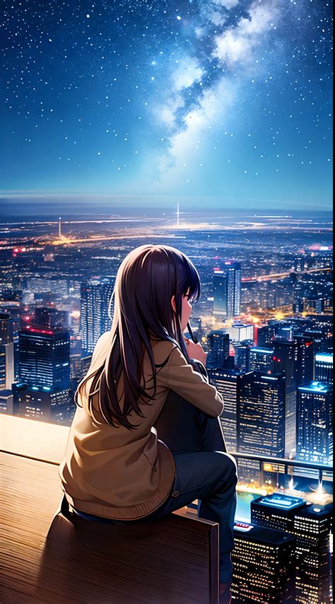 Anime Girl Sitting On Ledge Looking At City At Night Seaart Ai