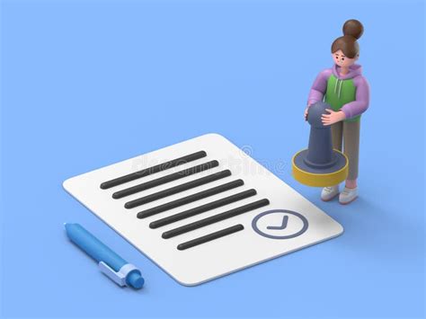 Isometric 3d Illustration On Blue Background Document Approval3d Illustration Of Asian Girl