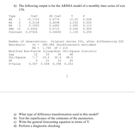 Solved The Following Output Is For The Arima Model Of A